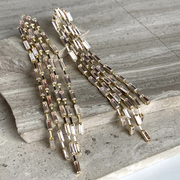 Anthropologie | Jewelry | New Anthropologie Shashi Nicola Crystal Baguette Gold Fringe Earrings ...